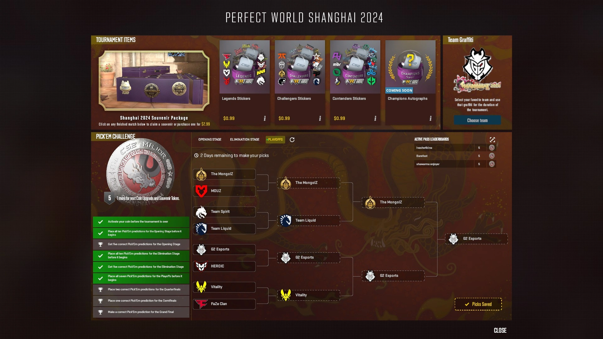 Pick'Em Challenge for the Playoffs of Perfect World Shanghai Major 2024 ...